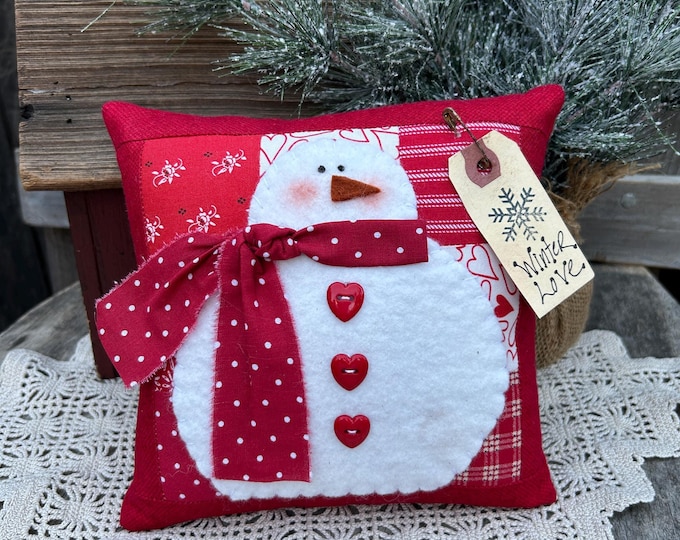 VALENTINE SNOWMAN BENCH Pillow Handmade - Cyndy Fahey Designs - Red ...