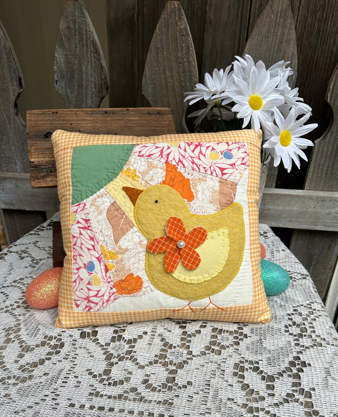 SPRING CHICK PILLOW - Easter Decor - Farmhouse Vintage Quilt Bench ...