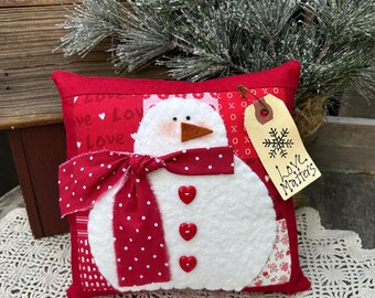 SNOWMAN MINI PILLOW Vintage Quilt Valentine handmade Cyndy Fahey Designs Tiered Tray Decor Small ...