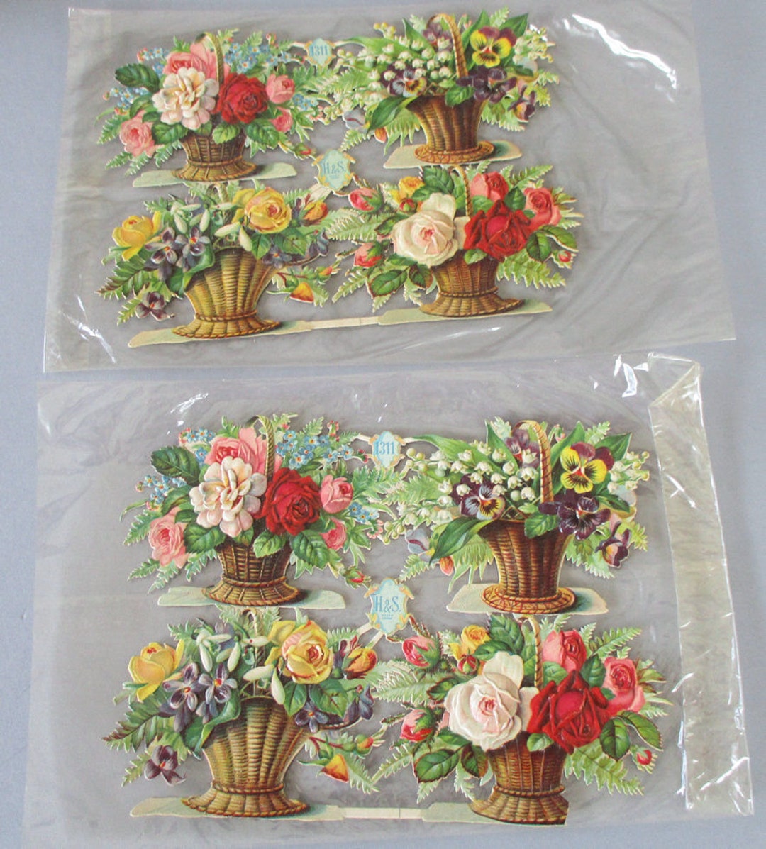 8 Antique Die-cut German Scrap Deeply Embossed BASKETS Violets LOV ...