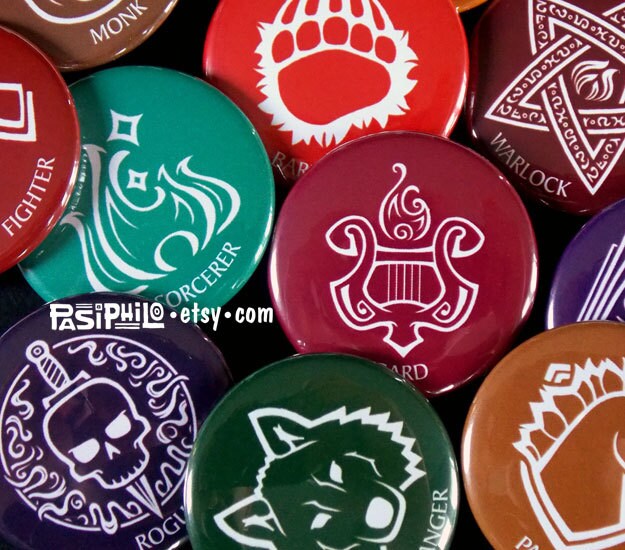 Set of 12 Fantasy Roleplaying RPG Class Symbol Buttons, White on Colour ...