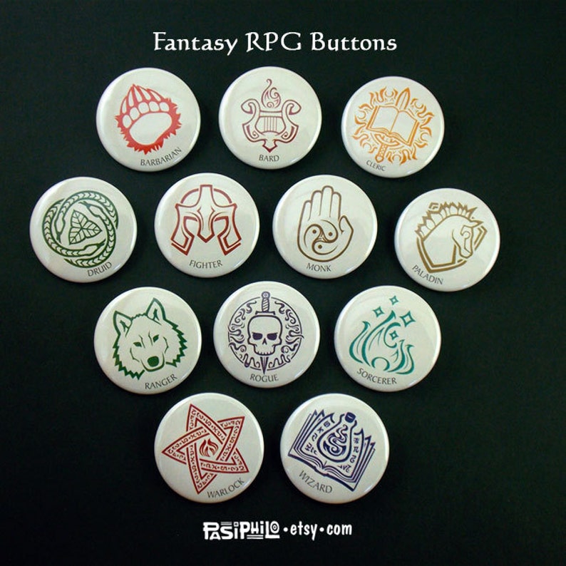 Set of 12 Fantasy Roleplaying RPG Class Symbol Buttons, Colour on Light ...