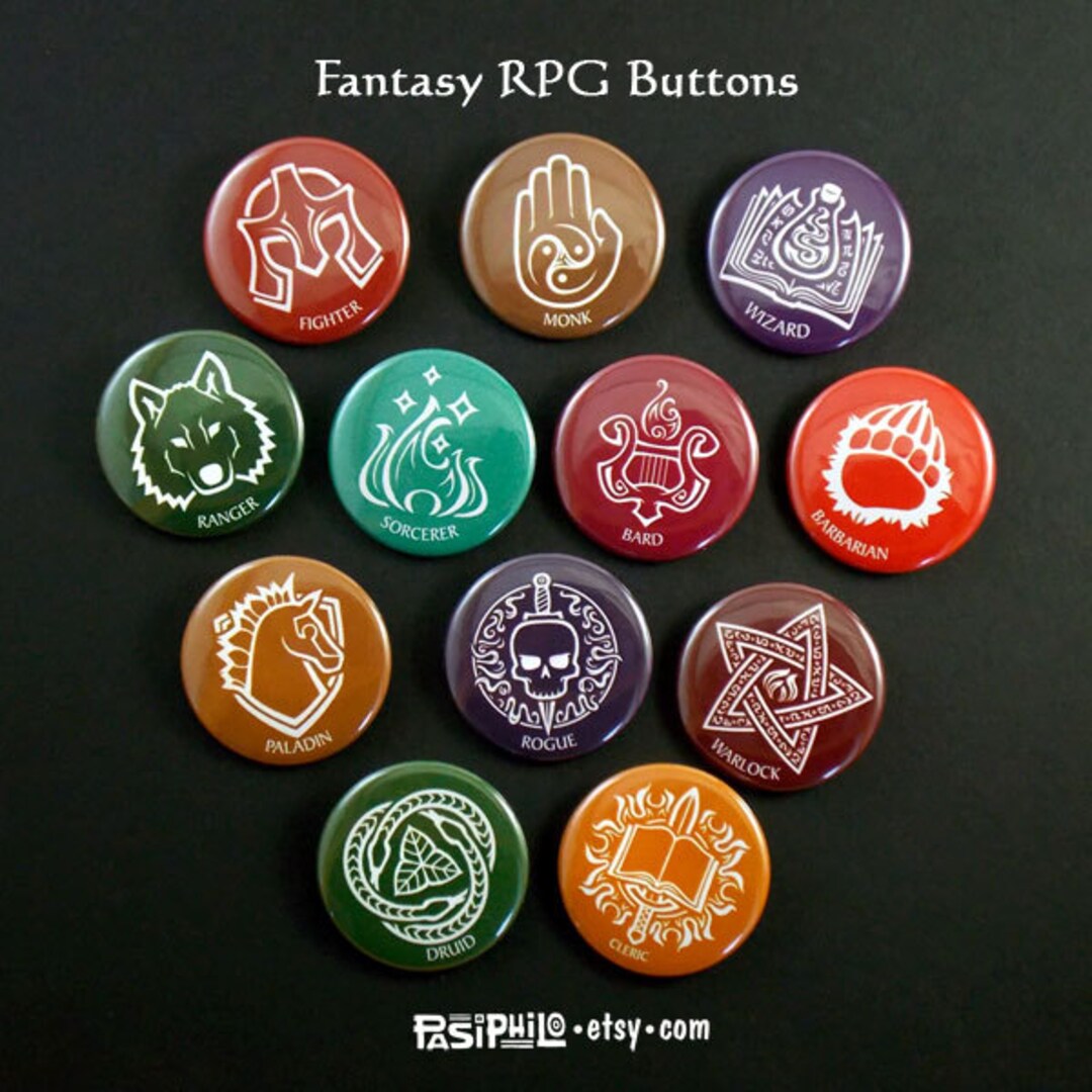 Set of 12 Fantasy Roleplaying RPG Class Symbol Buttons, White on Colour ...