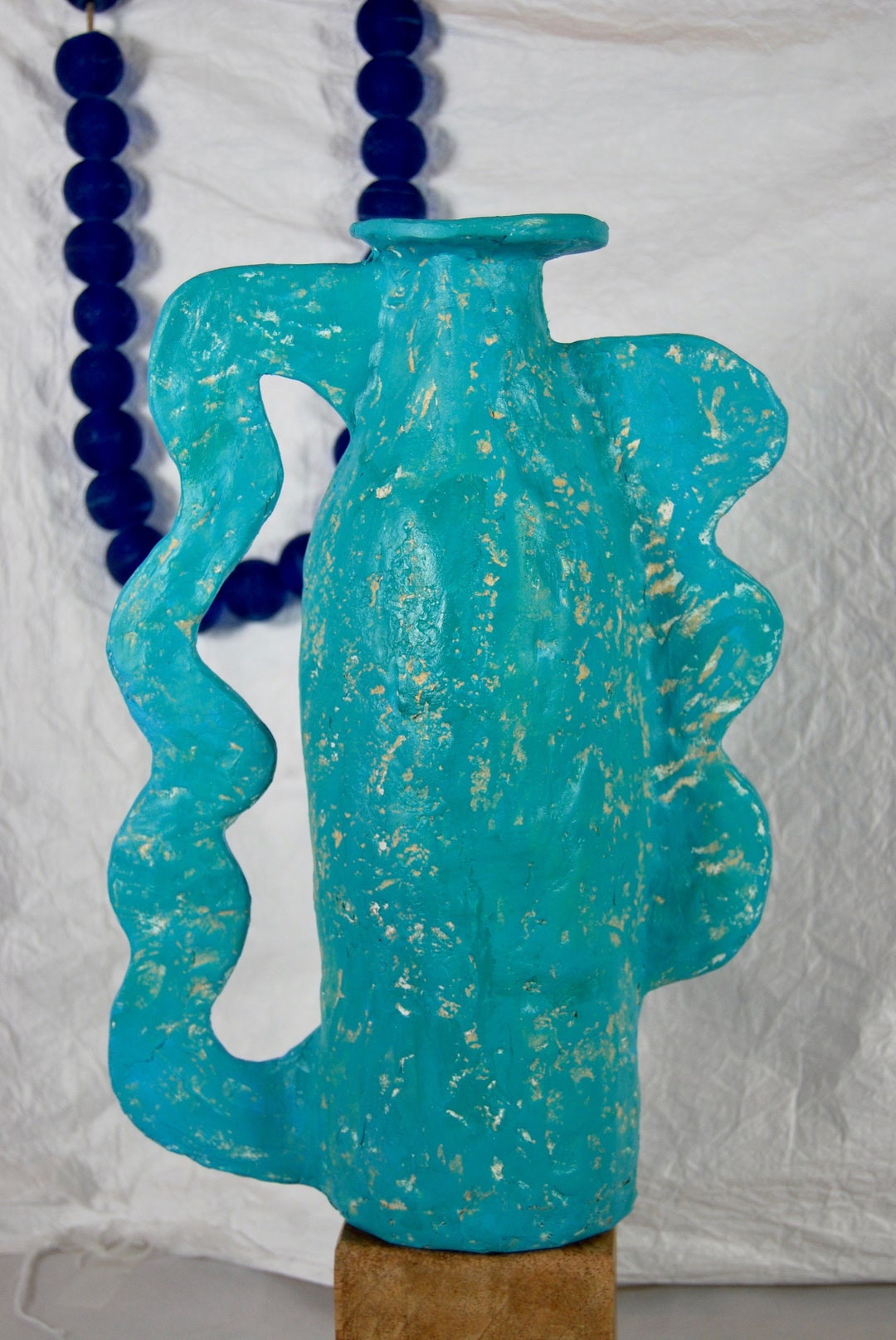 Paper Pulp Wave Vessel Bleu Clair Handle Vase Contemporary Decor One-of ...