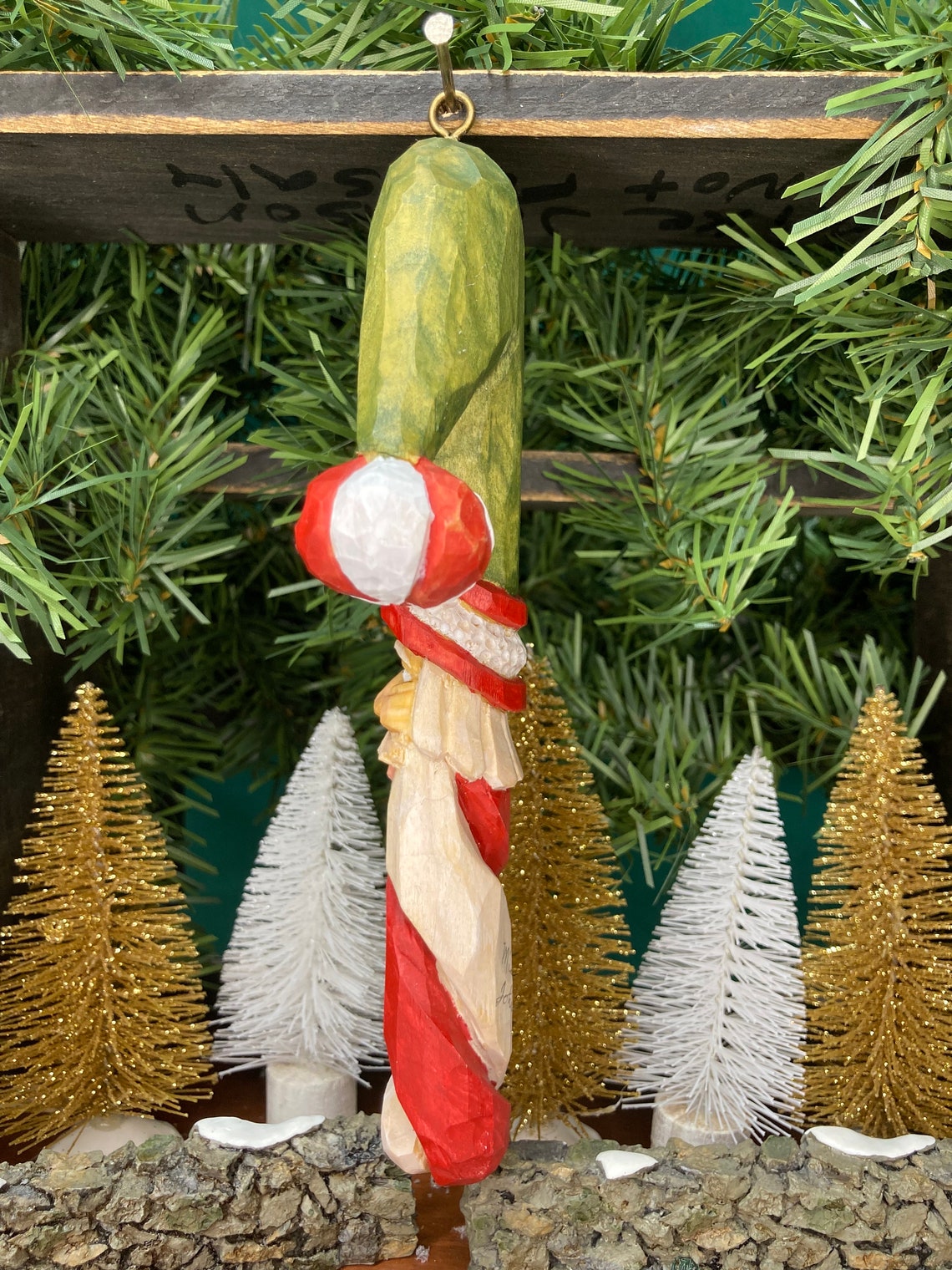 Hand Carved Santa Ornament With A Candy Cane Beard - Etsy