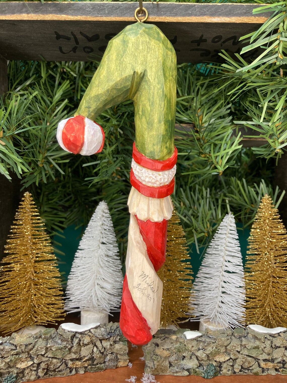 Hand Carved Santa Ornament With A Candy Cane Beard - Etsy