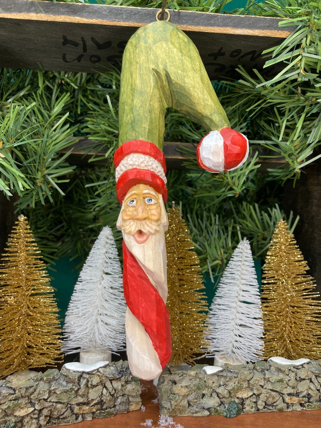 Hand Carved Santa Ornament With A Candy Cane Beard - Etsy