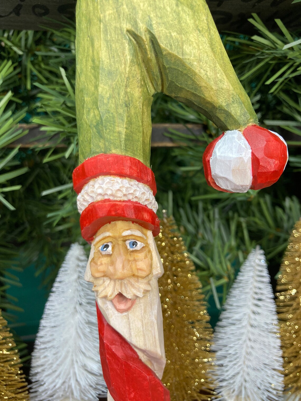 Hand Carved Santa Ornament With A Candy Cane Beard - Etsy