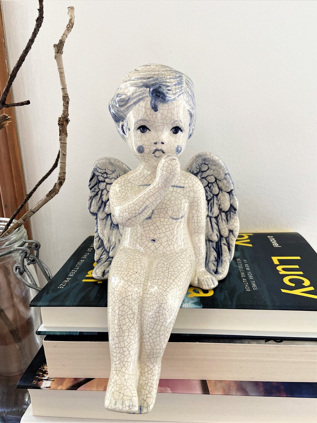 Blue and White Delft Crackle Angel, Sitting Pottery Angel, Delft ...