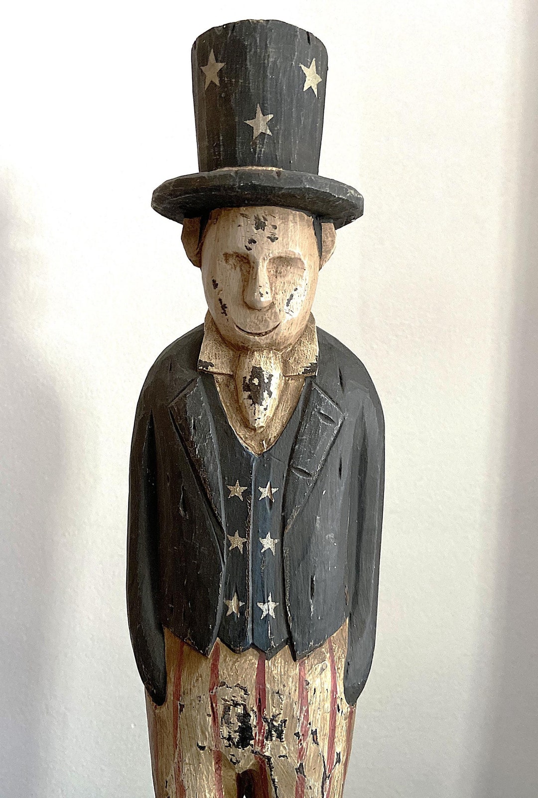 Hand Carved Wood Uncle Sam, Folk Art Uncle Sam, Rustic Hand Carved Uncle Sam Statue, Early ...
