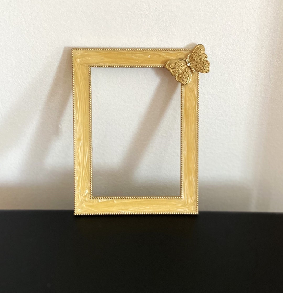 Gold Yellow Frame With Butterfly, Enameled Metal Frame, Table Frame ...