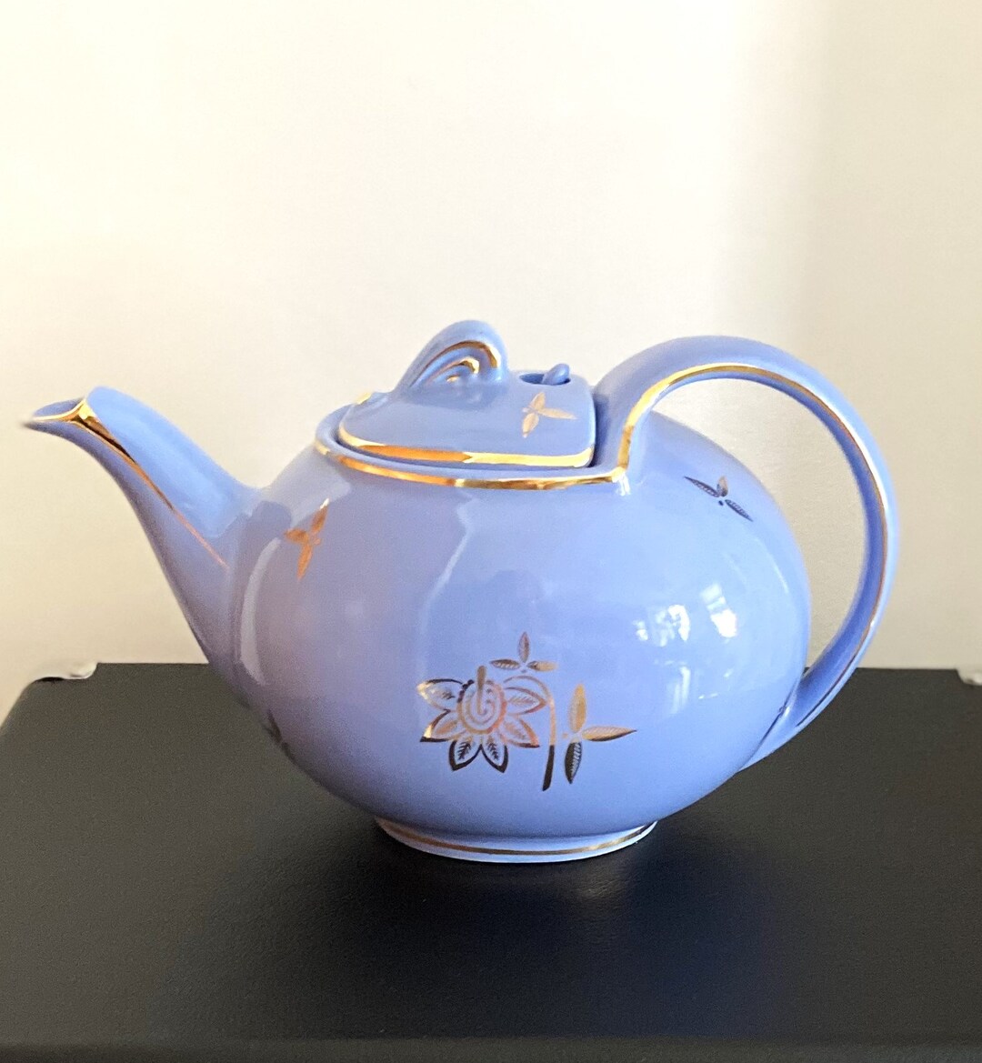 Vintage HALL Periwinkle Blue & Gold Flower Teapot, Blue and Gold Teapot ...
