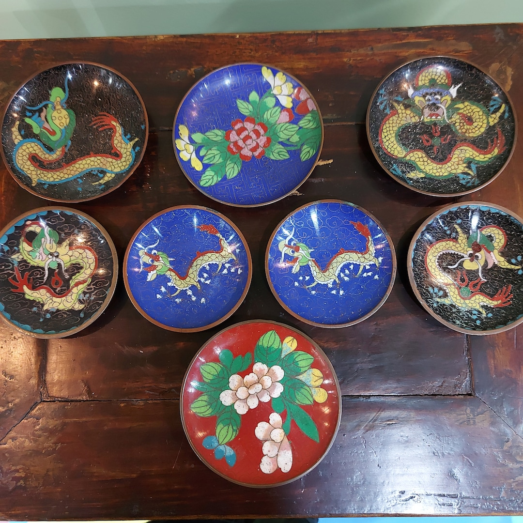 Vintage Chinese Cloisonné Dishes Decorated With Dragons and Floral ...