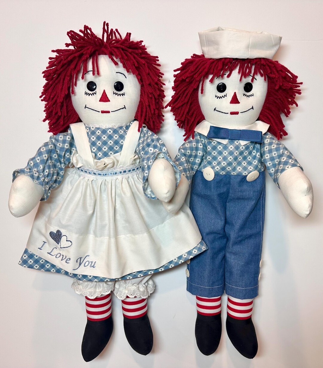 PAIR of 20 Inch Handmade Raggedy Ann and Andy Dolls; Burgundy, Red or ...