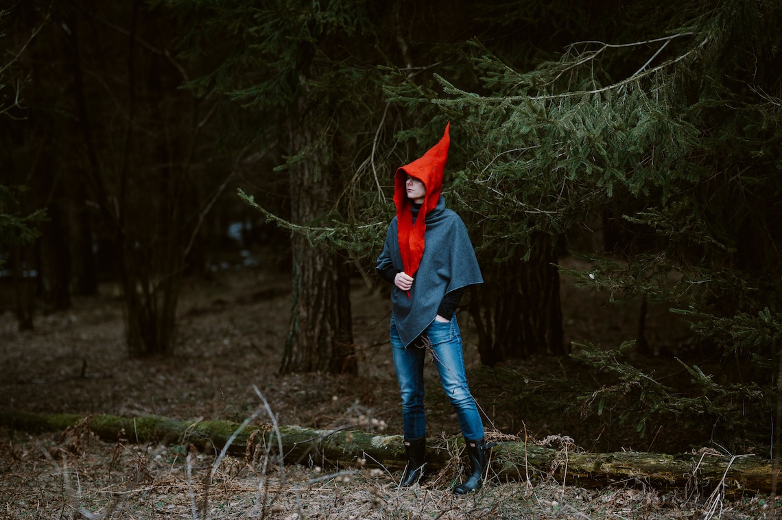 Red Witch Wizard Hat Gnome Hood Felted Pointy Hood - Etsy