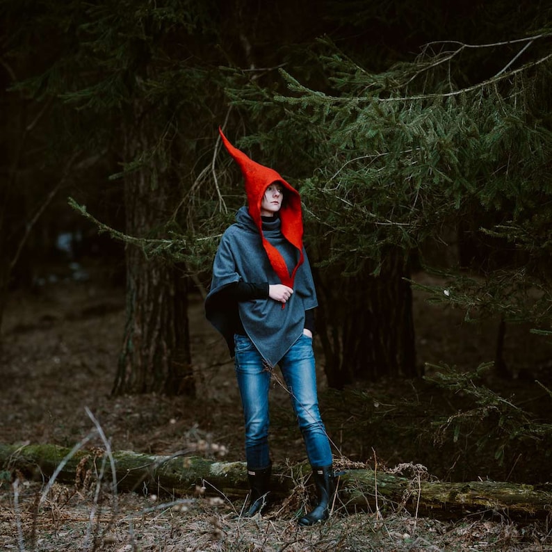 Red Witch Wizard Hat Gnome Hood Felted Pointy Hood - Etsy