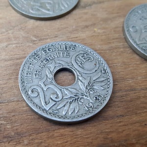 5 Antique French 25 Centimes Coins With Hole for Jewellery, Craft ...