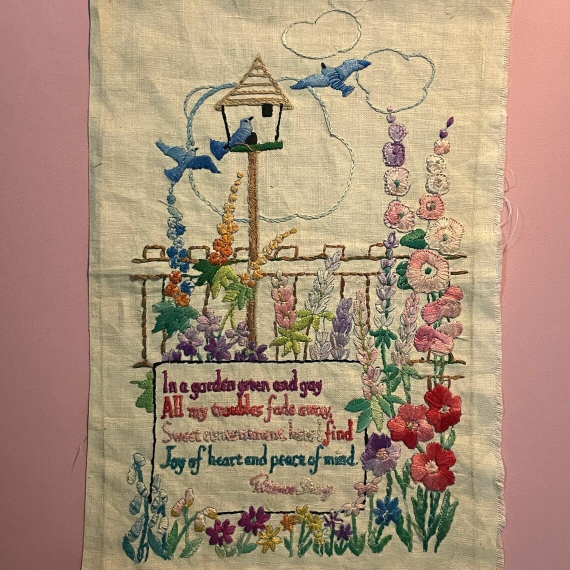 Vintage Embroidery on Linen Garden Poem Flowers Garden Therapy Vintage ...