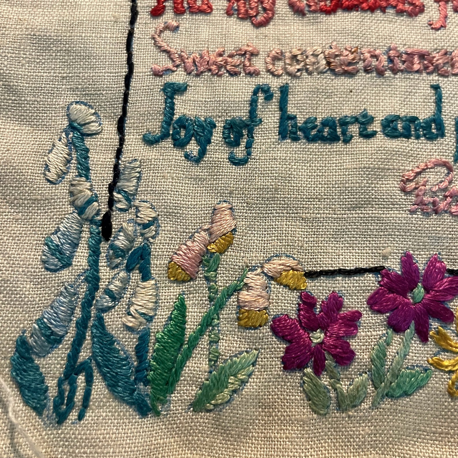 Vintage Embroidery on Linen Garden Poem Flowers Garden Therapy Vintage ...