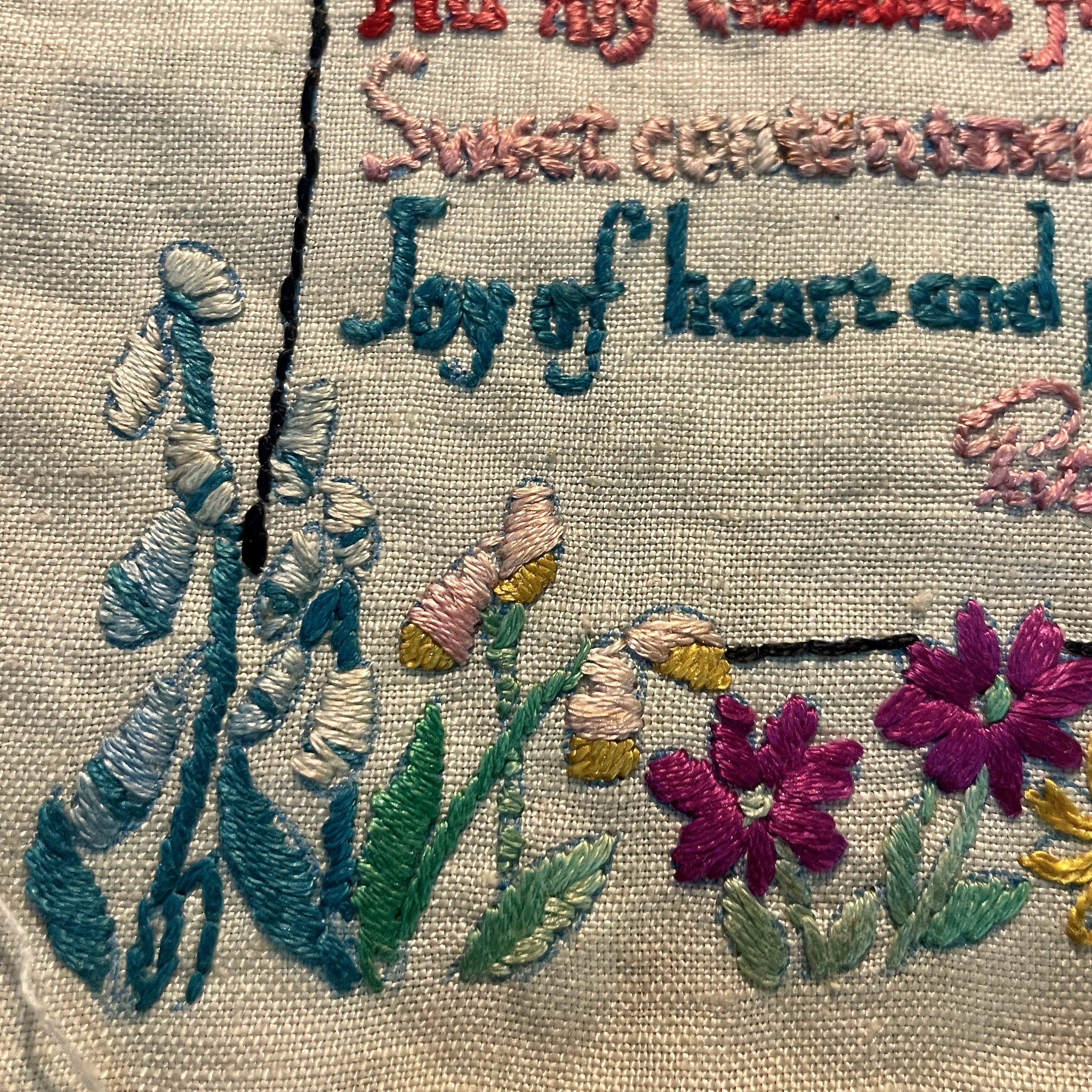 Vintage Embroidery on Linen Garden Poem Flowers Garden Therapy Vintage ...