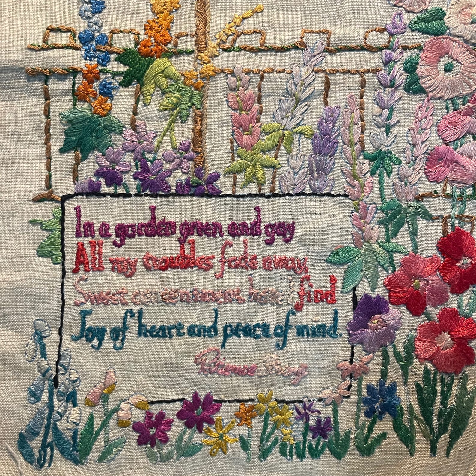 Vintage Embroidery on Linen Garden Poem Flowers Garden Therapy Vintage ...