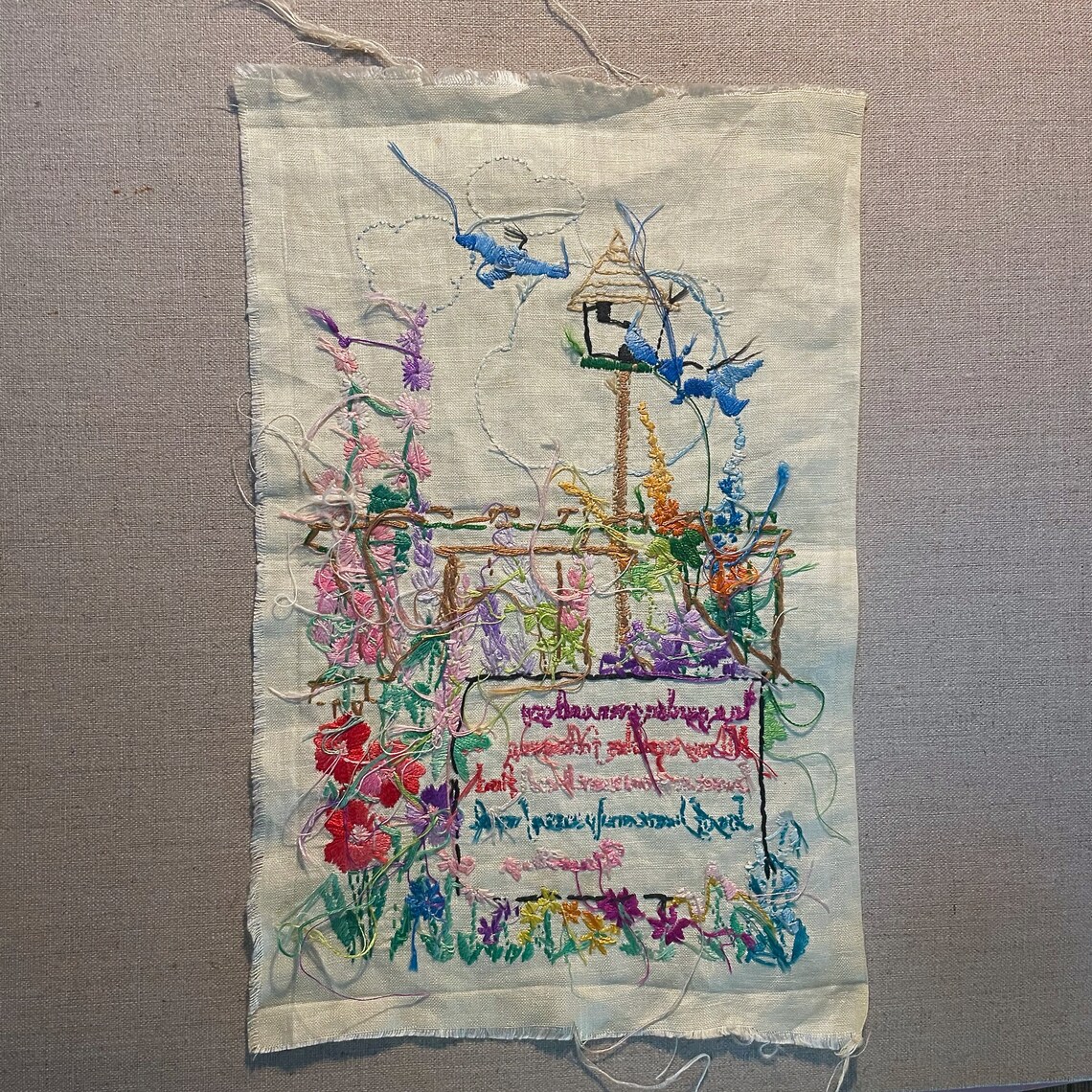 Vintage Embroidery on Linen Garden Poem Flowers Garden Therapy Vintage ...