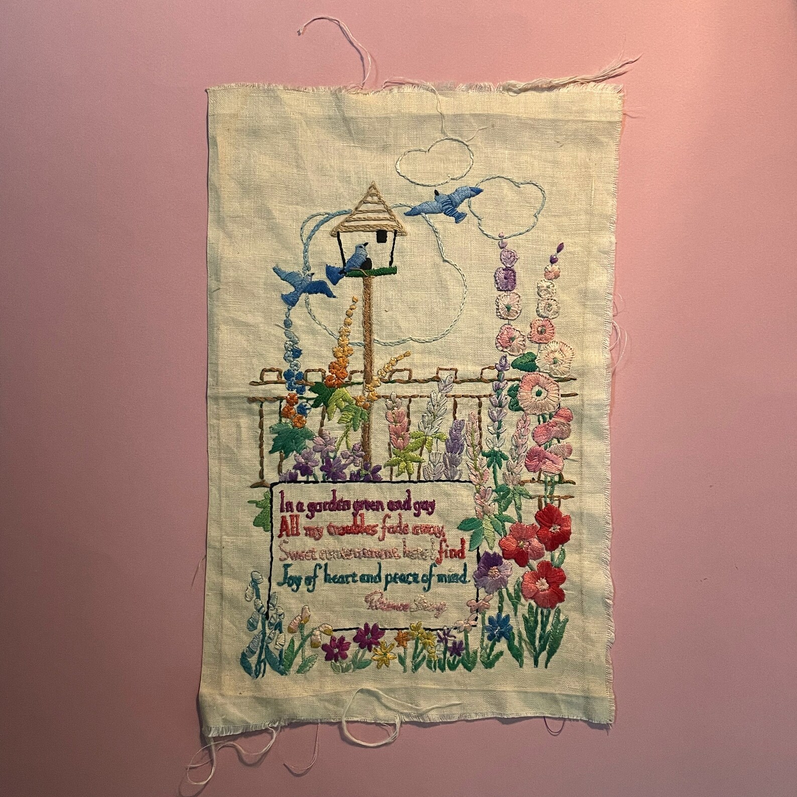 Vintage Embroidery on Linen Garden Poem Flowers Garden Therapy Vintage ...
