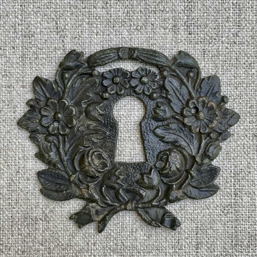Antique French Bronze Keyhole Cover Escutcheon, Flowers & Bow ...