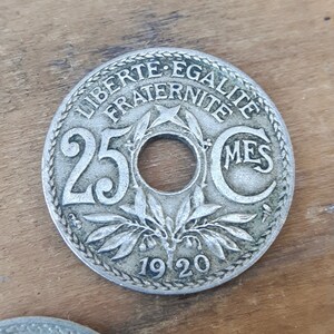 5 Antique French 25 Centimes Coins With Hole for Jewellery, Craft ...