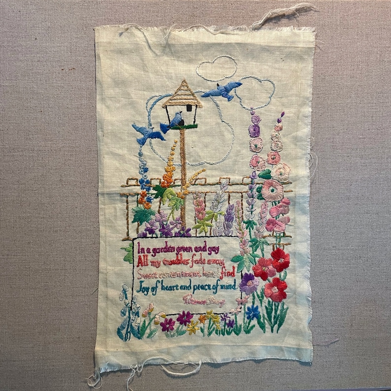 Vintage Embroidery on Linen Garden Poem Flowers Garden Therapy Vintage ...