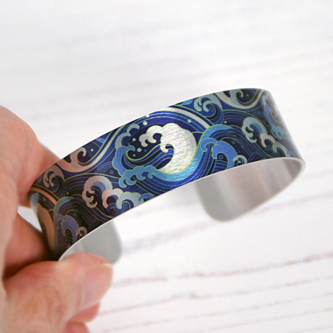 Ocean Cuff Bracelet With Blue Surf Waves. Personalised - Etsy