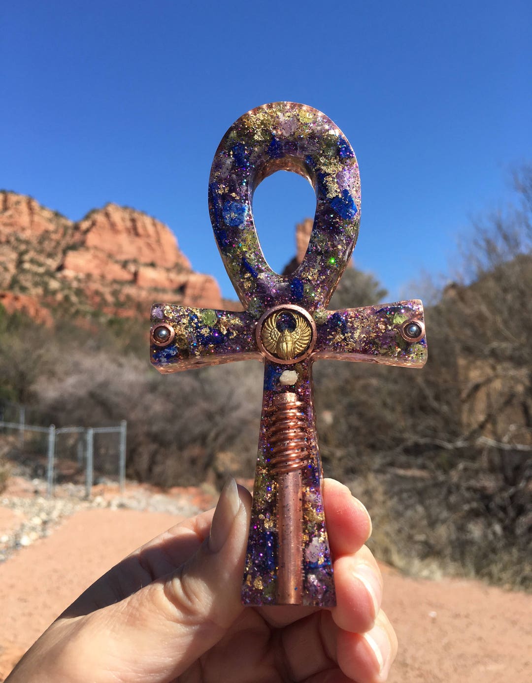Orgone Holographic Ankh With Lapis Lazuli, Shungite, Rhodizite, Peridot ...