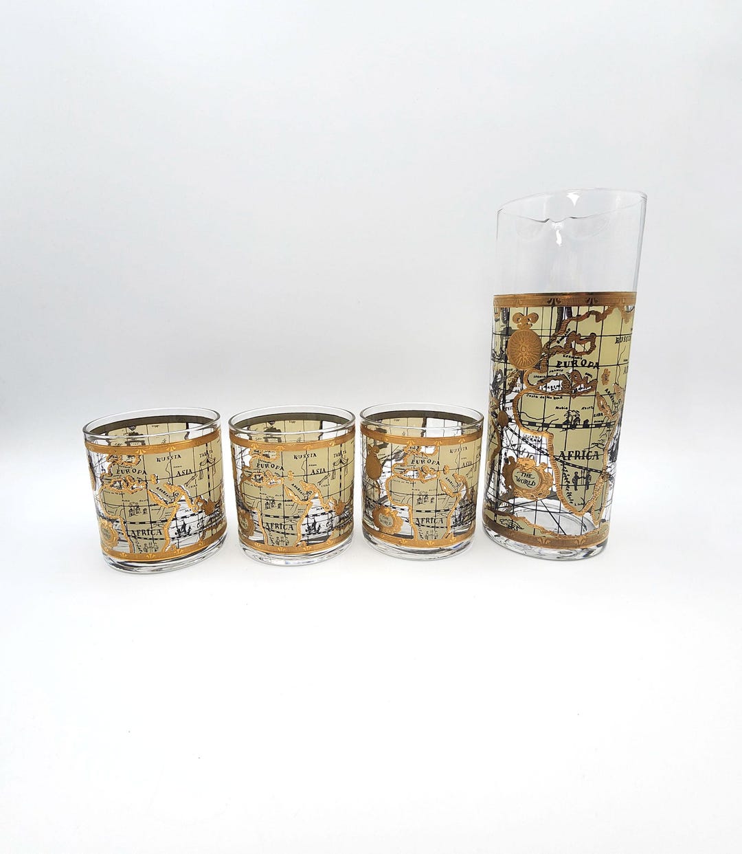 Vintage Cera Glass Old World Atlas Maps Martini Pitcher, Lowball Old ...