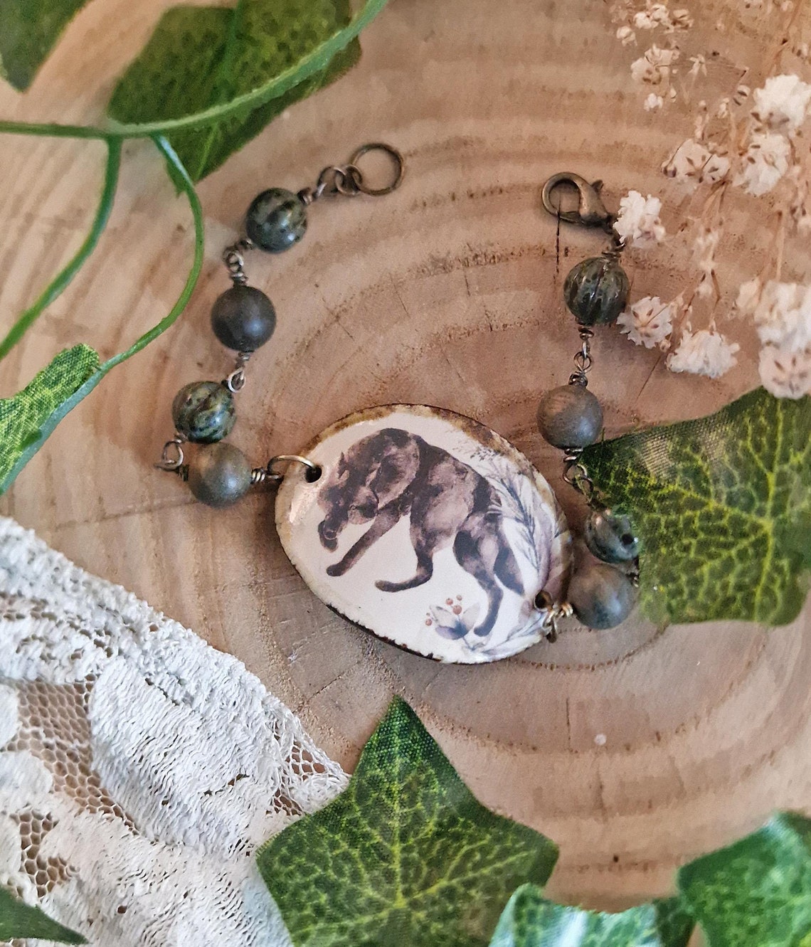Wolf Bracelet Artisan Ceramic Wolf Image With Beaded Chain - Etsy
