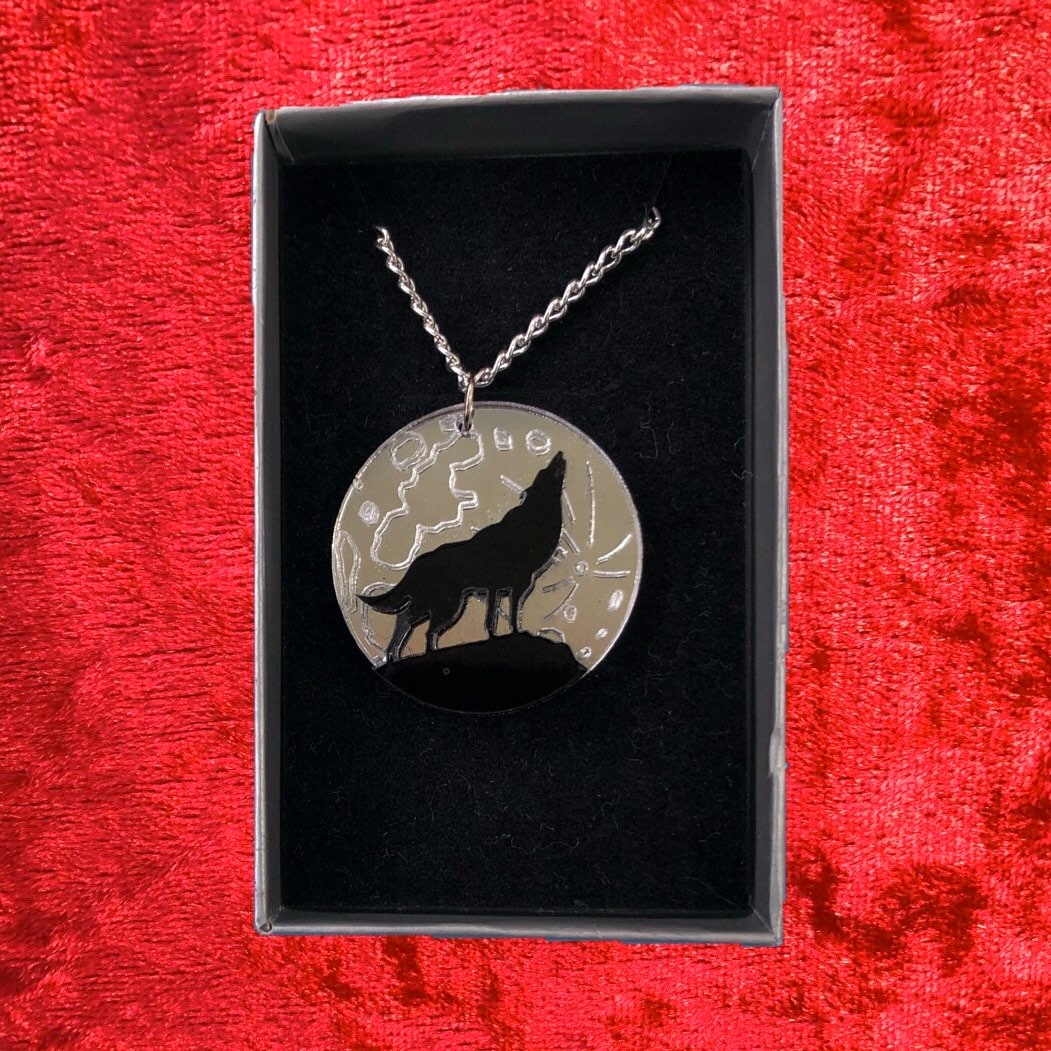 Laser cut acrylic dramatic HOWLING WOLF MOON necklace | Etsy