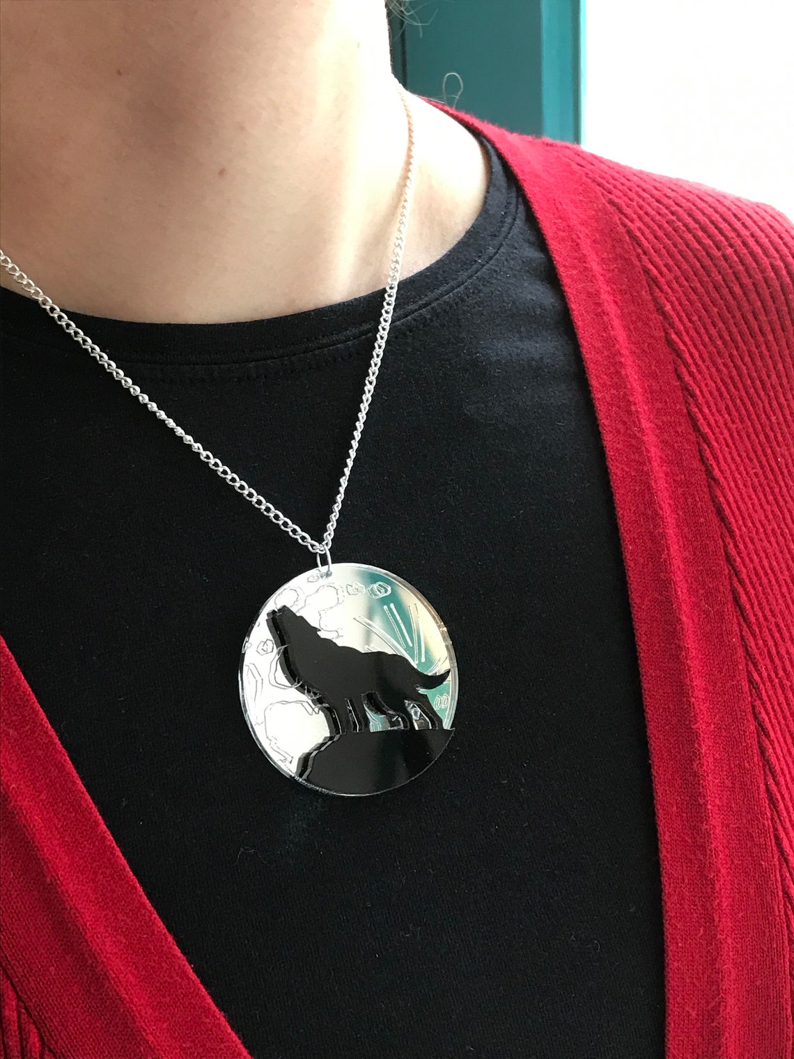 Laser cut acrylic dramatic HOWLING WOLF MOON necklace | Etsy