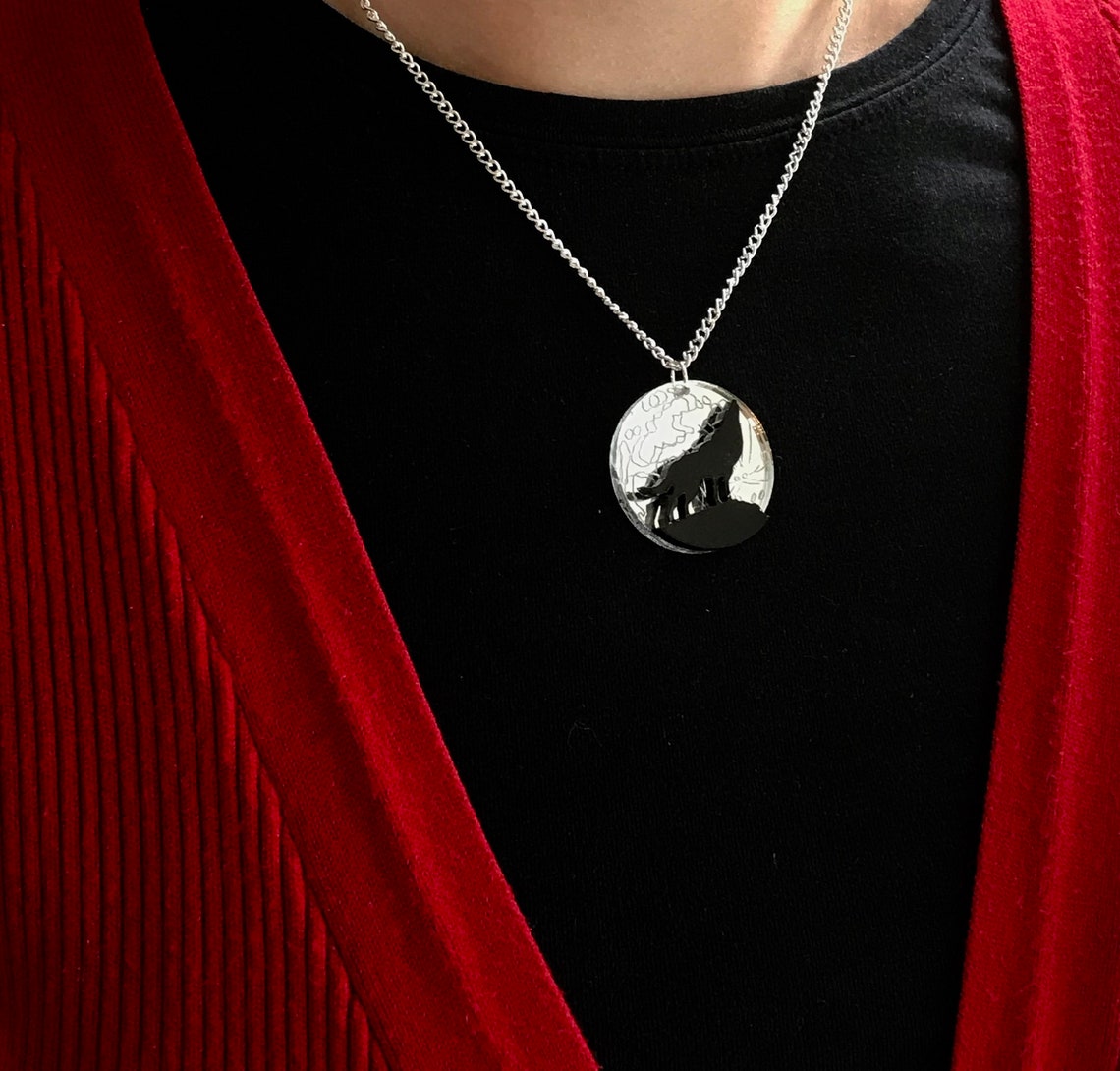 Laser cut acrylic dramatic HOWLING WOLF MOON necklace | Etsy