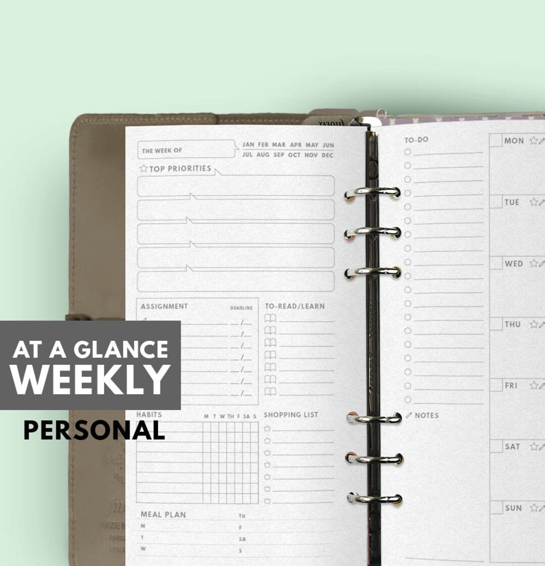 At a Glance Undated Weekly Planner, Personal Planner Insert Printable ...