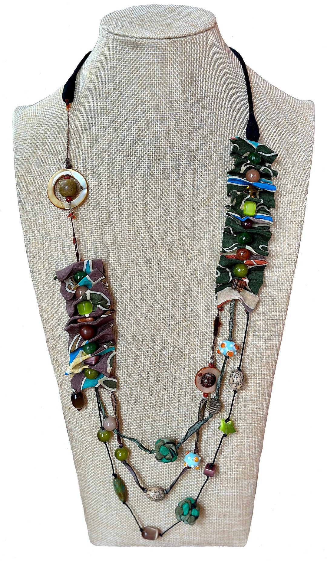 Handmade Adjustable Silk Multi Strand Necklace, Taupe, Olive Green and ...
