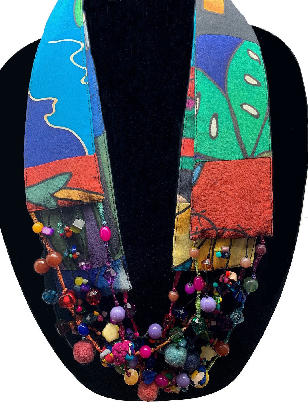 Reversible Patchwork Silk Scarf Necklace With Bead Accents - Etsy