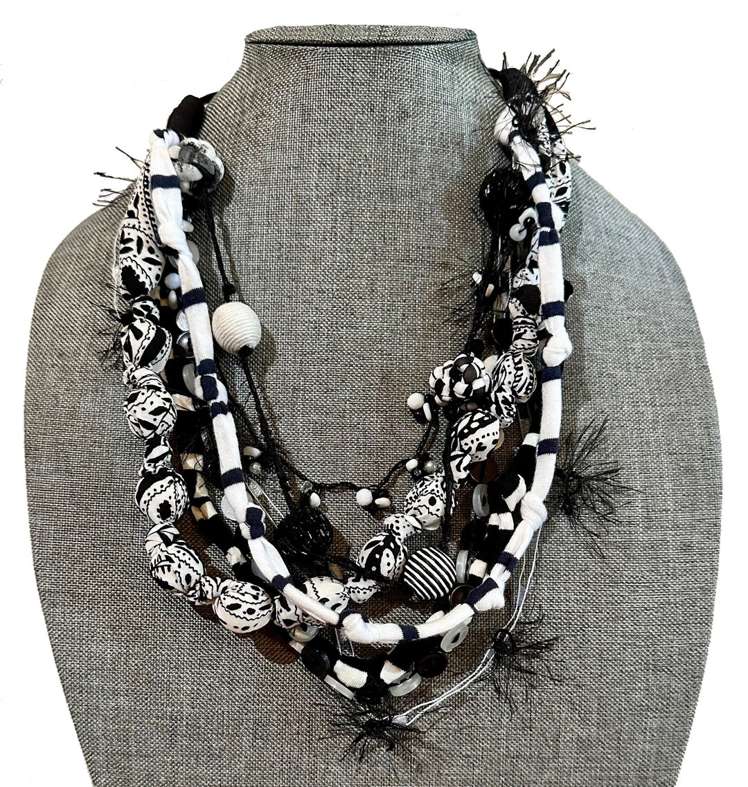 Women’s Handmade Adjustable Black and White Multi Strand Fiber Necklace ...
