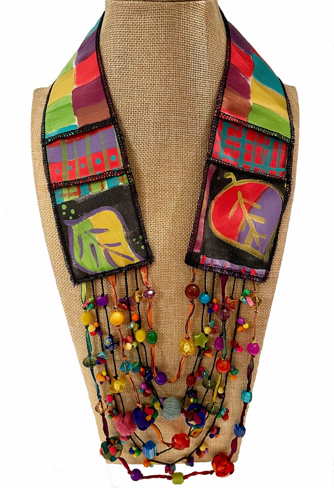 Colorful Hand Painted Cotton Reversible Scarf Necklace, Abstract Leaf ...