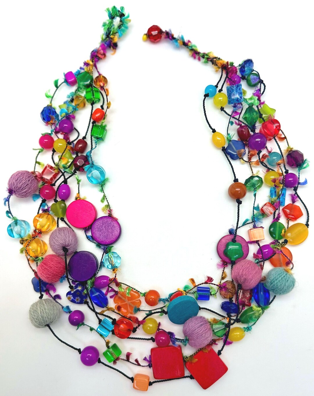 Handmade Bright Multi Strand Fiber Necklace, Button Bead Closure LRW ...