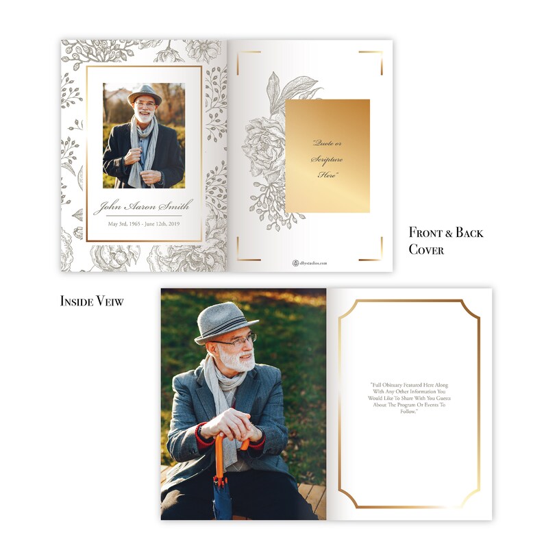 Gold Taupe Floral Funeral Program • Printable Memorial Program ...