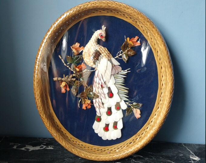 Vintage Peacock Shell Art With Tree, Flowers. Round Framed Blue Velvet ...