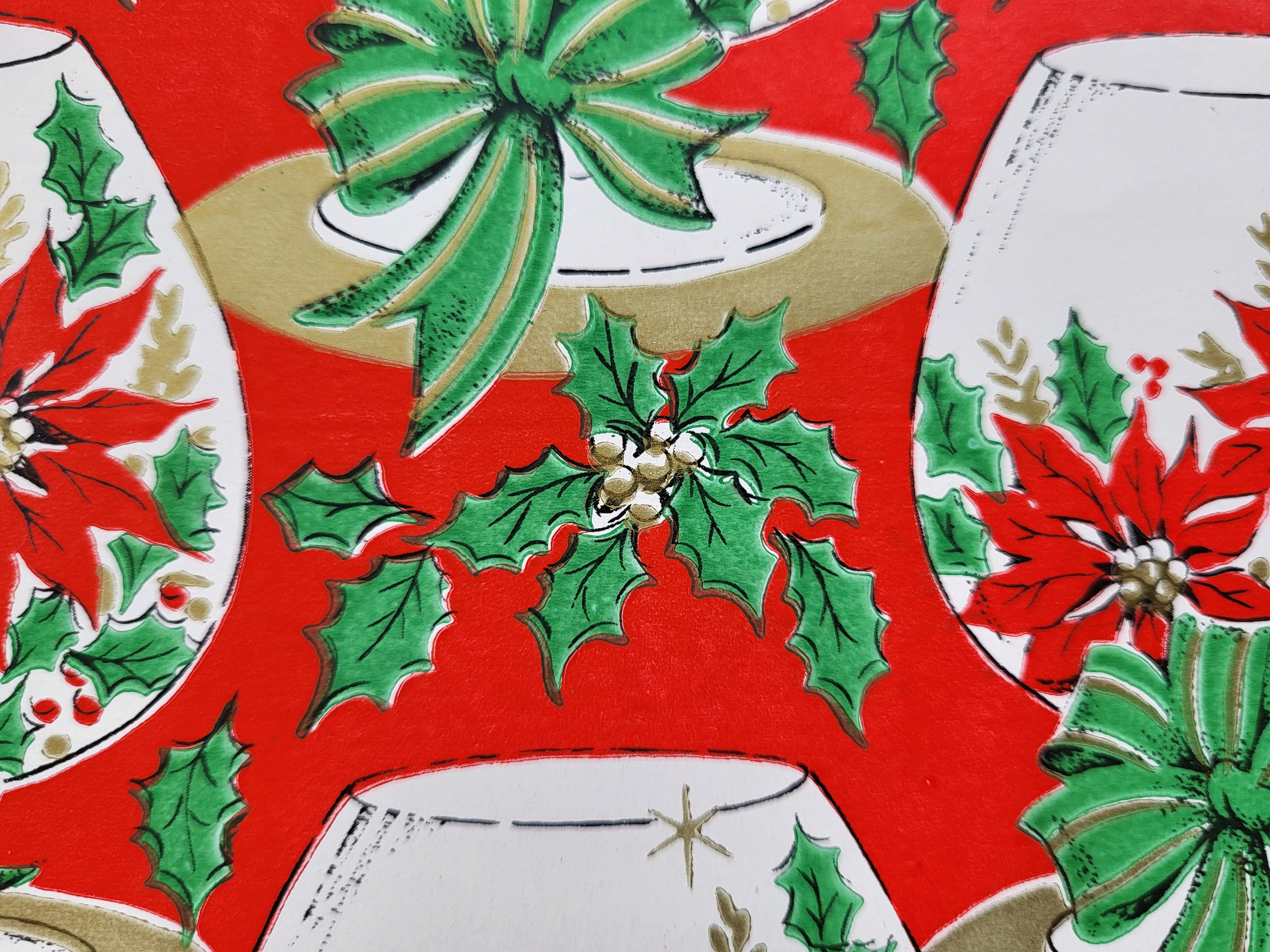 Retro Christmas Wrapping Paper: Poinsettia Goblet, Gold & Red (1 Sheet ...