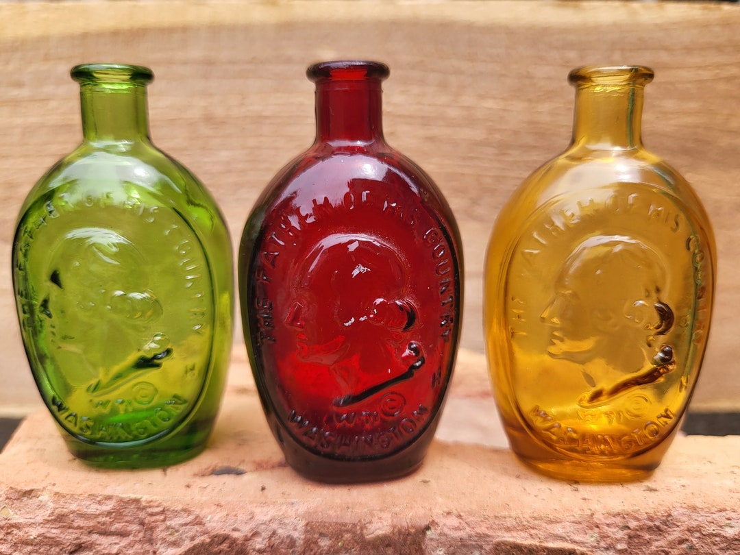 George Washington Wheaton Glass Miniature Bottle Apothecary Pressed Glass Shaped Bottles