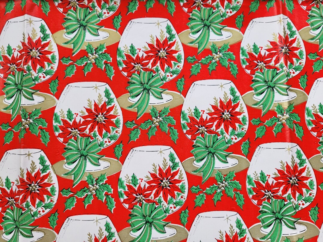 Retro Christmas Wrapping Paper: Poinsettia Goblet, Gold & Red (1 Sheet ...