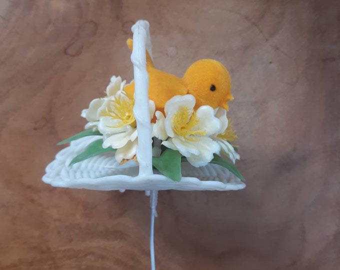 VTG Spring Bird Floral Stem Pick Flocked Yellow Chick, White Plastic ...