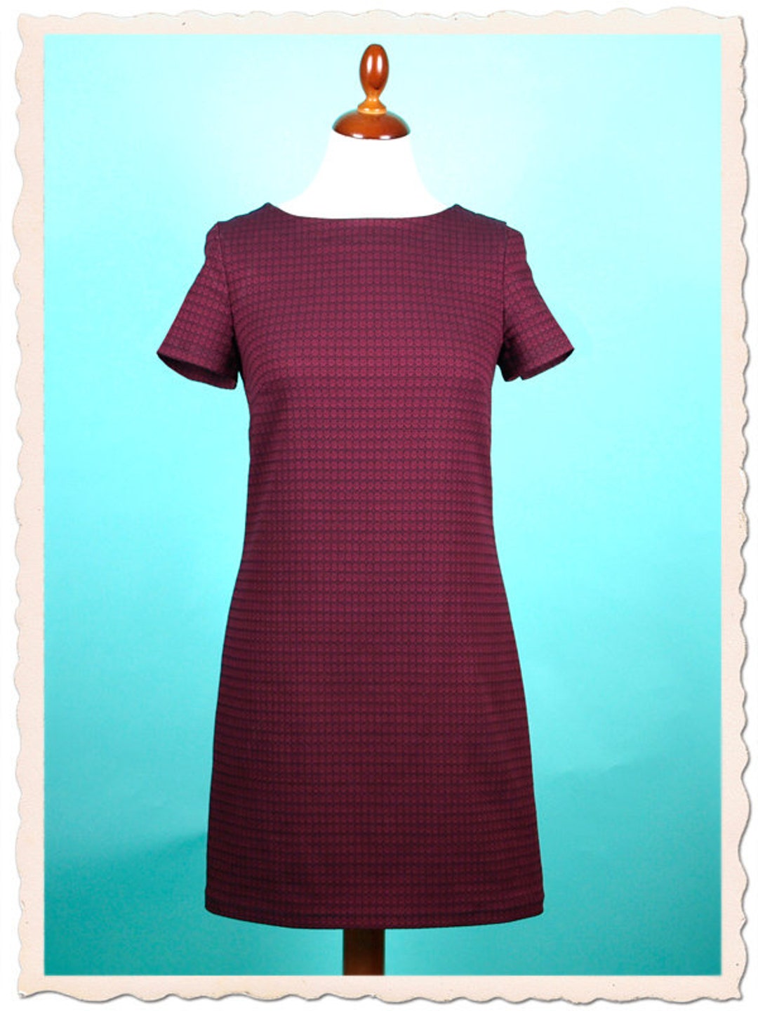 Shift Dress, 60s Style in Wine Red With Black Pattern, Short Sleeve ...